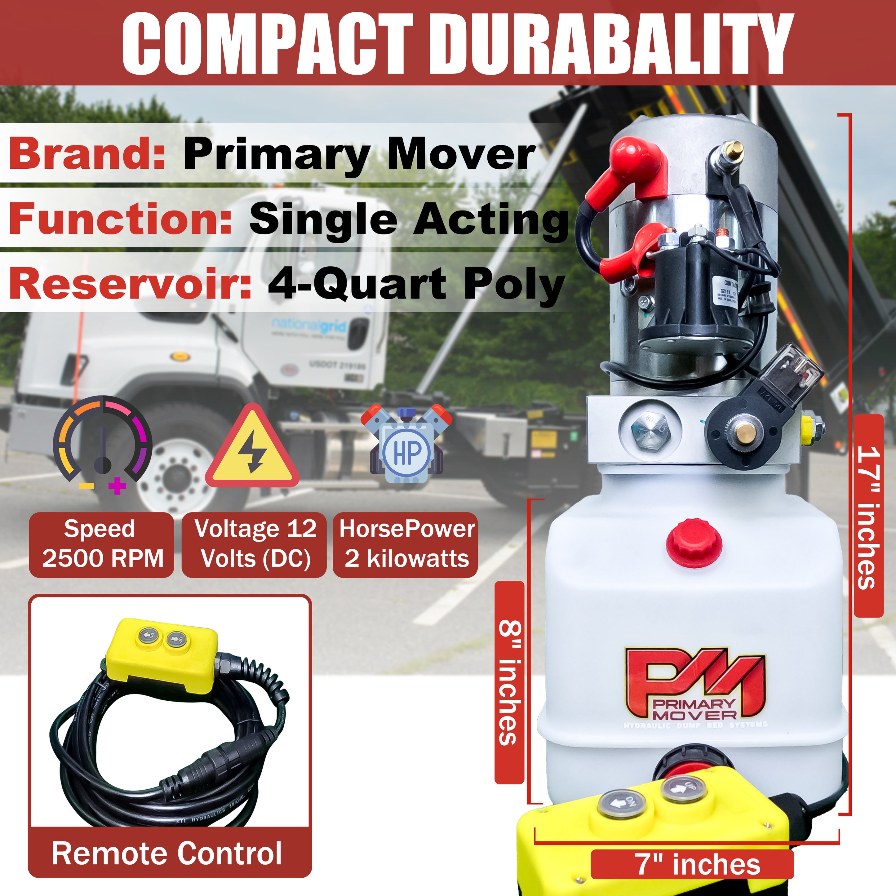 Primary Mover 12V Single-Acting Hydraulic Pump - Poly Reservoir
