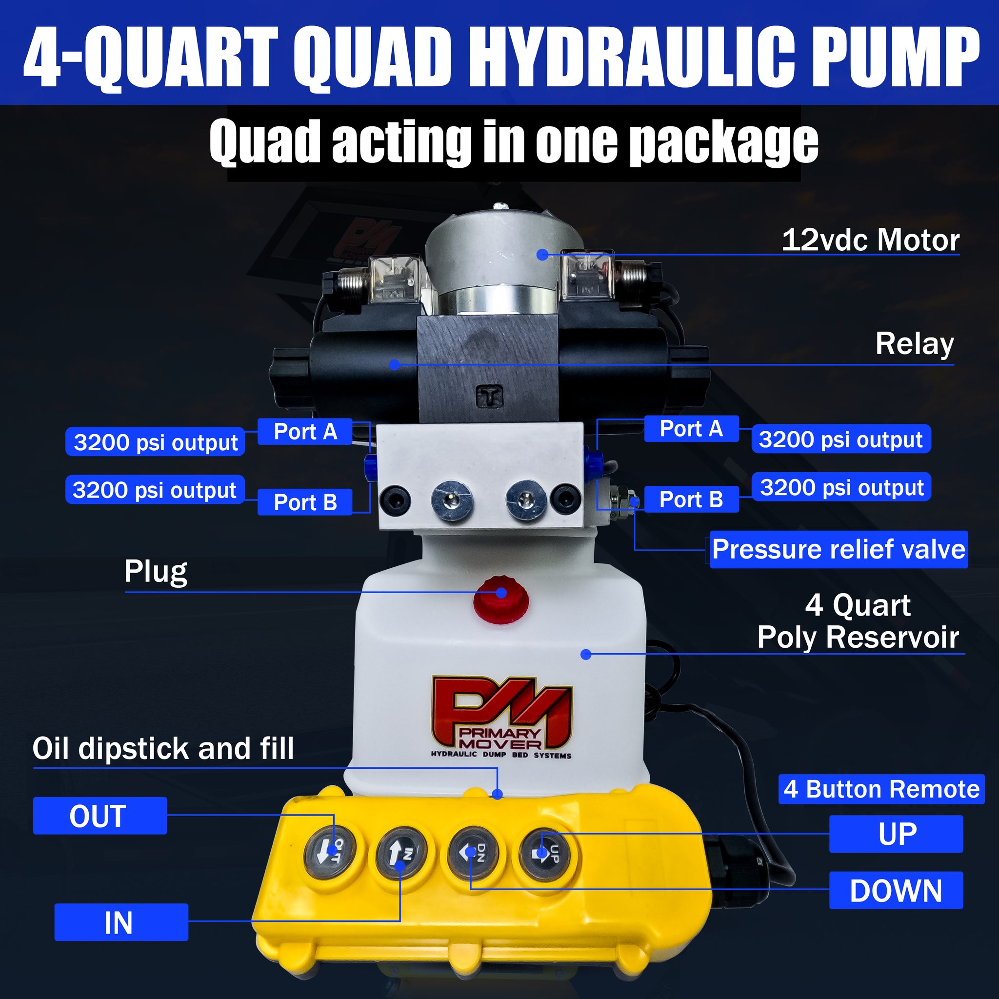 Primary Mover 12V Dual Double-Acting Hydraulic Dump Trailer Pump (Poly