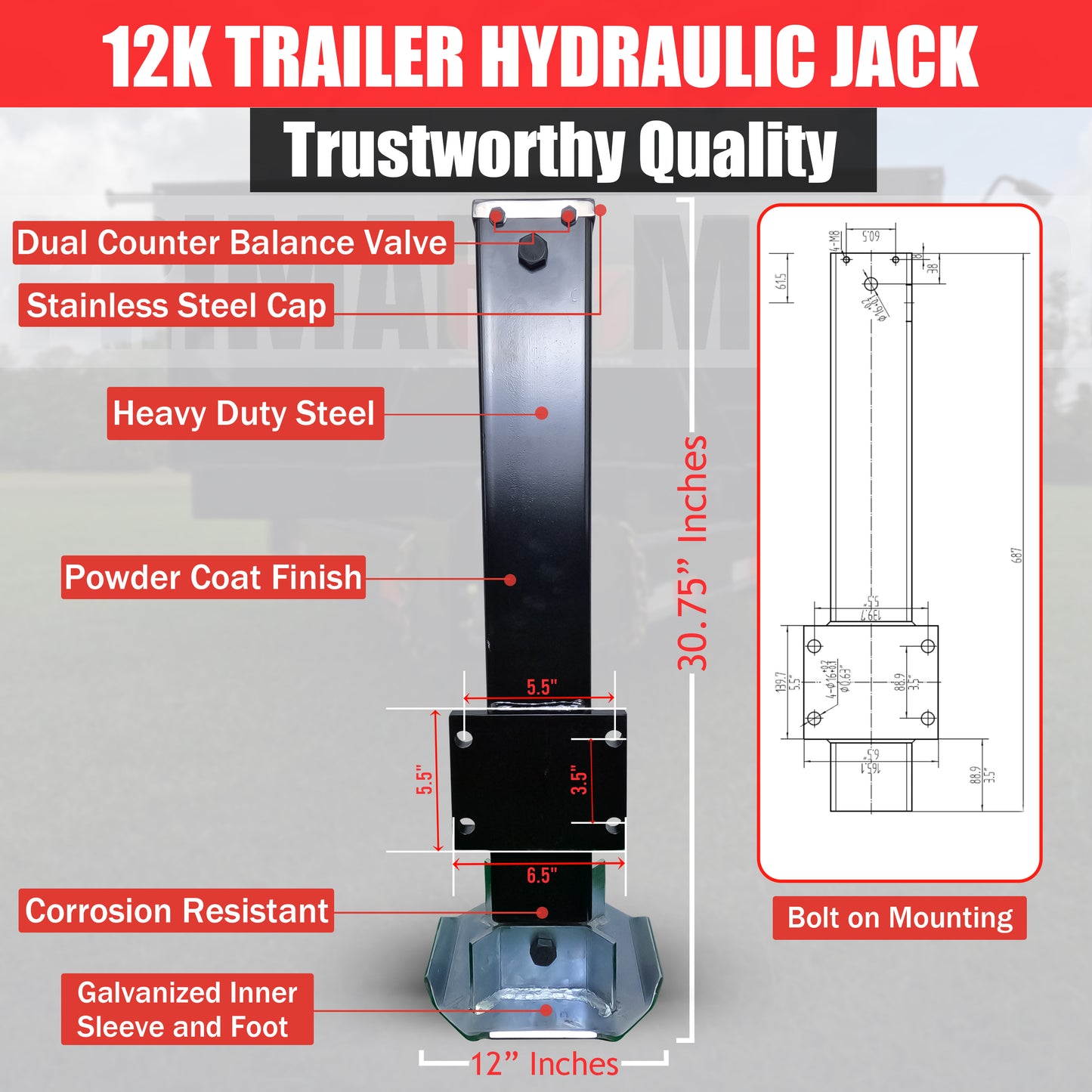 24k Double Hydraulic Trailer Jack Add-On Kit "Weld On" or "Bolt On ...